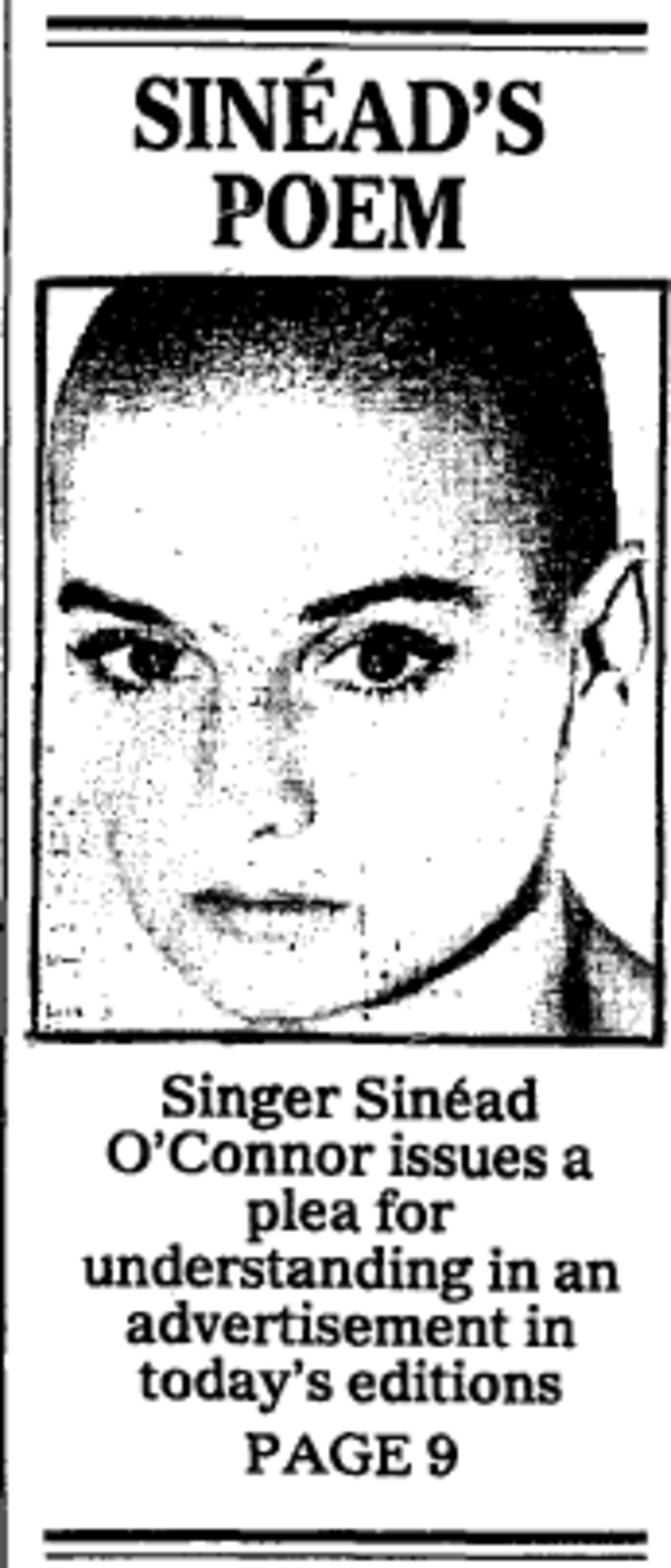 Sinéad O’Connor’s full-page Irish Times ad in 1993: ‘I deserve not to ...