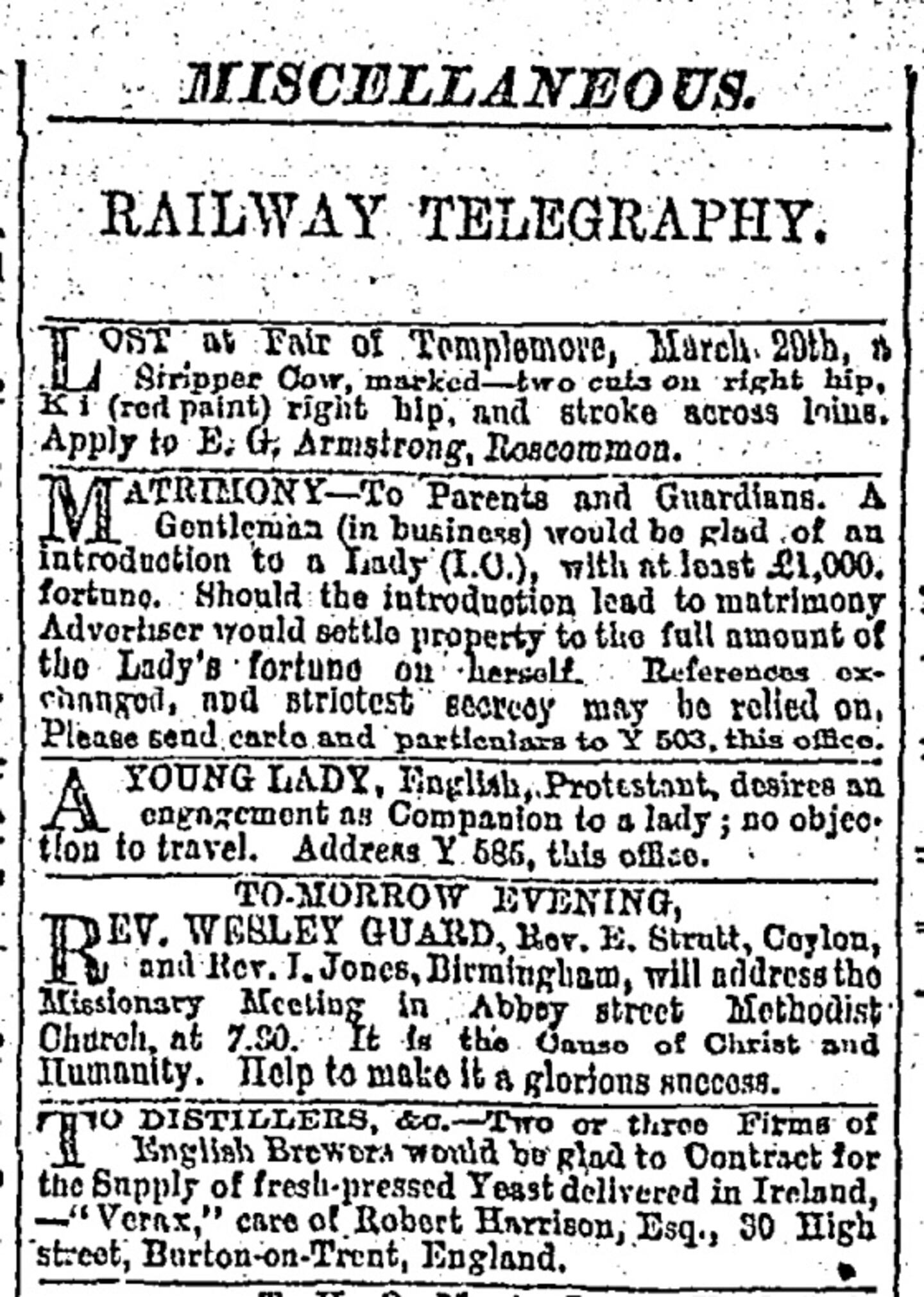 Irish Times small ads, 1886 – Wanted: a lost cow, a wife with €1,000, a ...